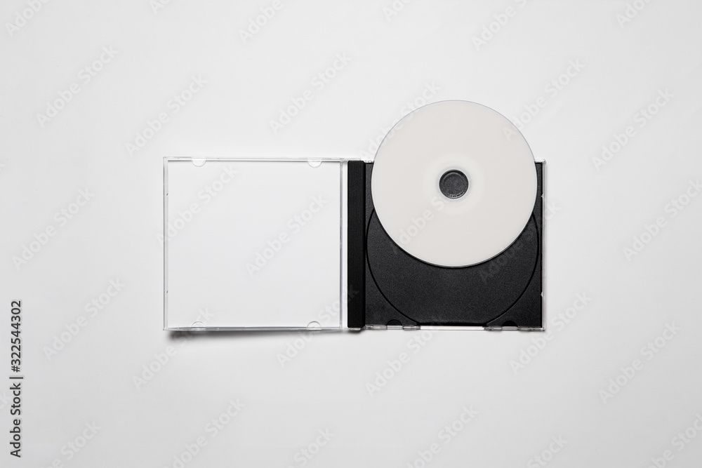 Open compact plastic Disc Box Case with white isolated blank for ...