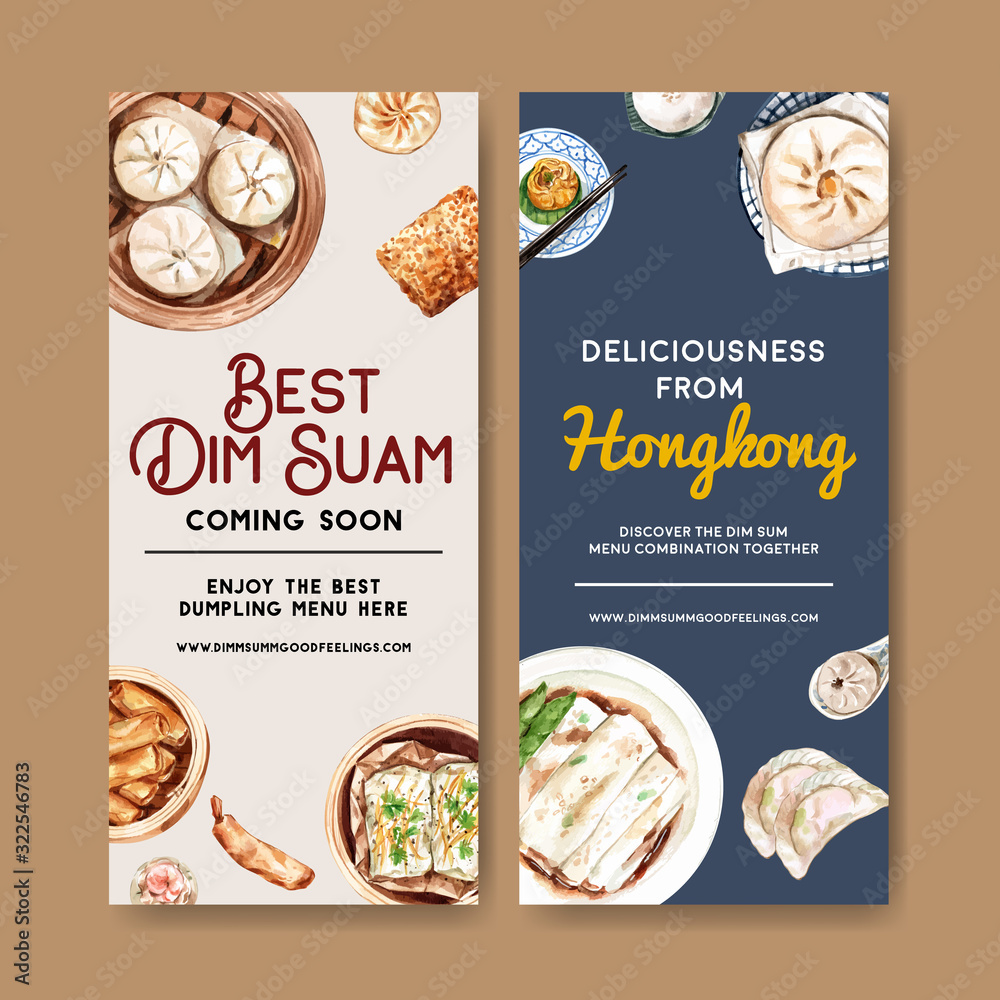 Dim sum flyer design with spring roll, steamed bun watercolor ...