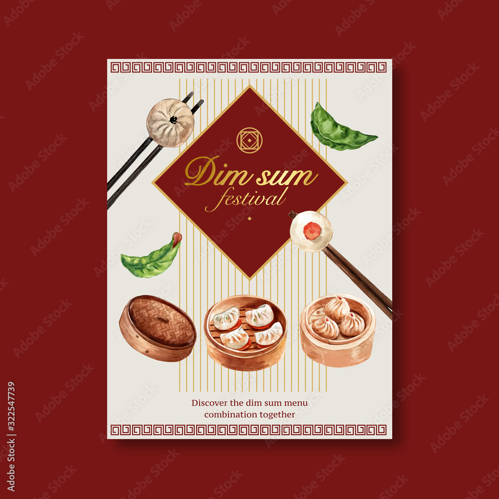 Dim sum poster design with dumpling, steamed bun watercolor ...