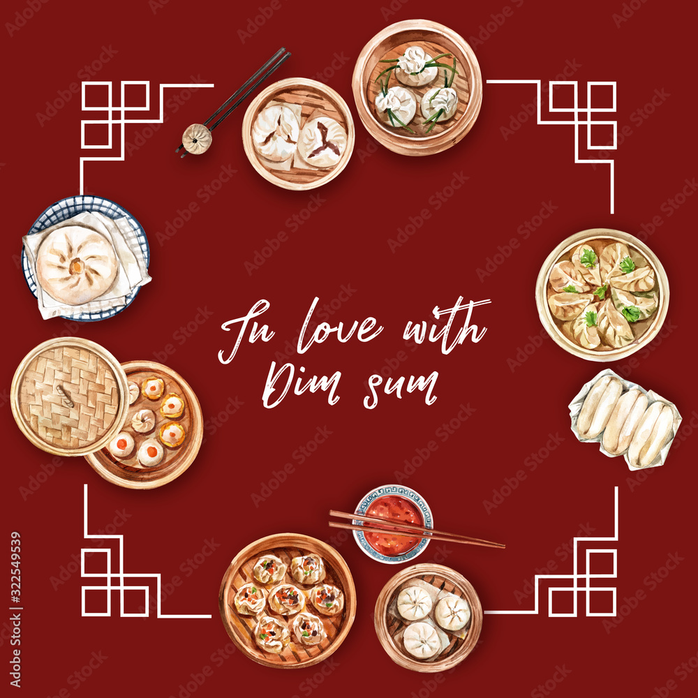 Dim sum wreath design with steamed bun watercolor illustration. Stock ...