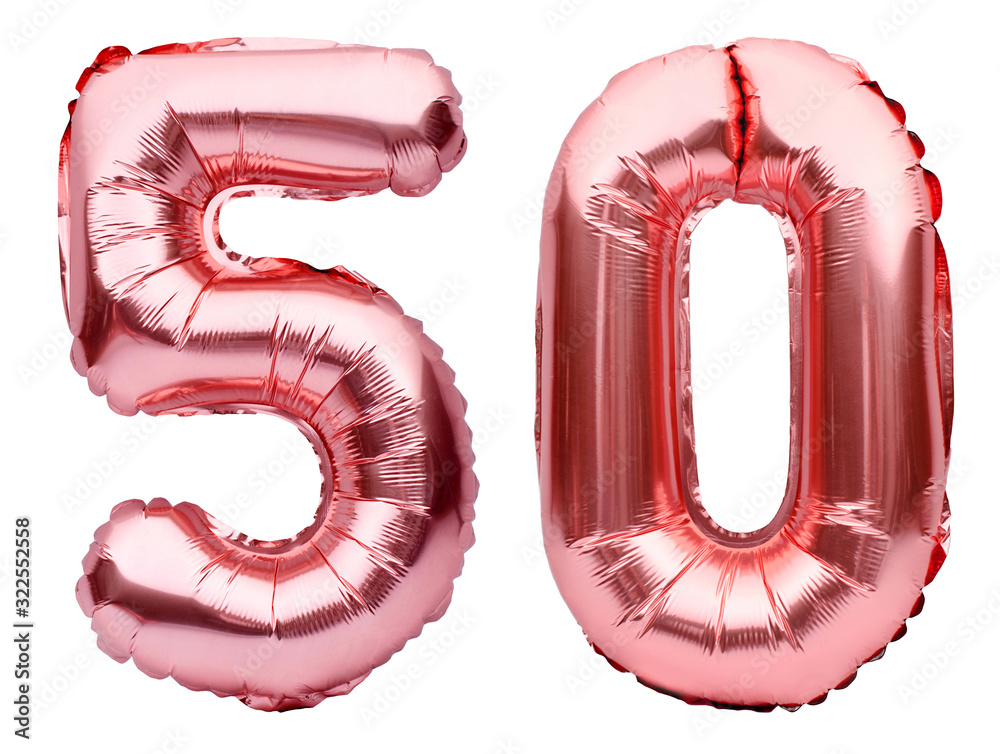 Number 50 fifty made of rose golden inflatable balloons isolated on ...
