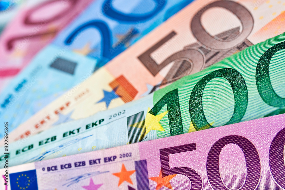Close up of euros banknotes, colorful money background, european ...