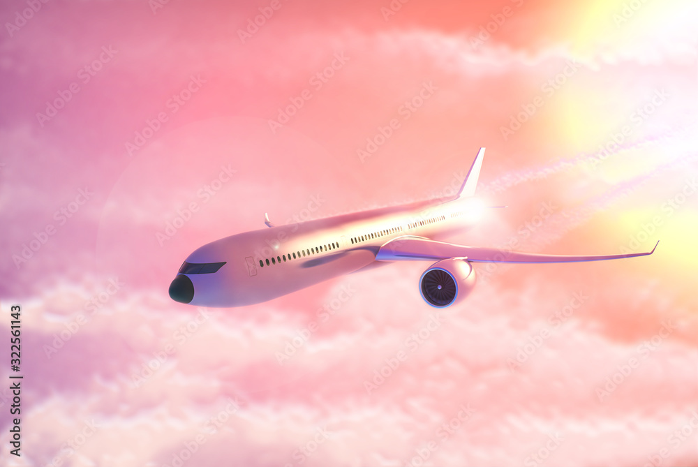 Airplane flies in the sky of the rising sun. Template, mockup, design ...