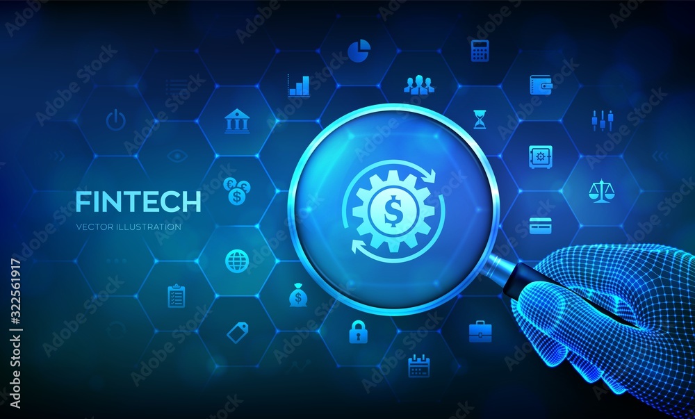 Fintech. Magnifying glass and financial technology infographic. Fintech ...