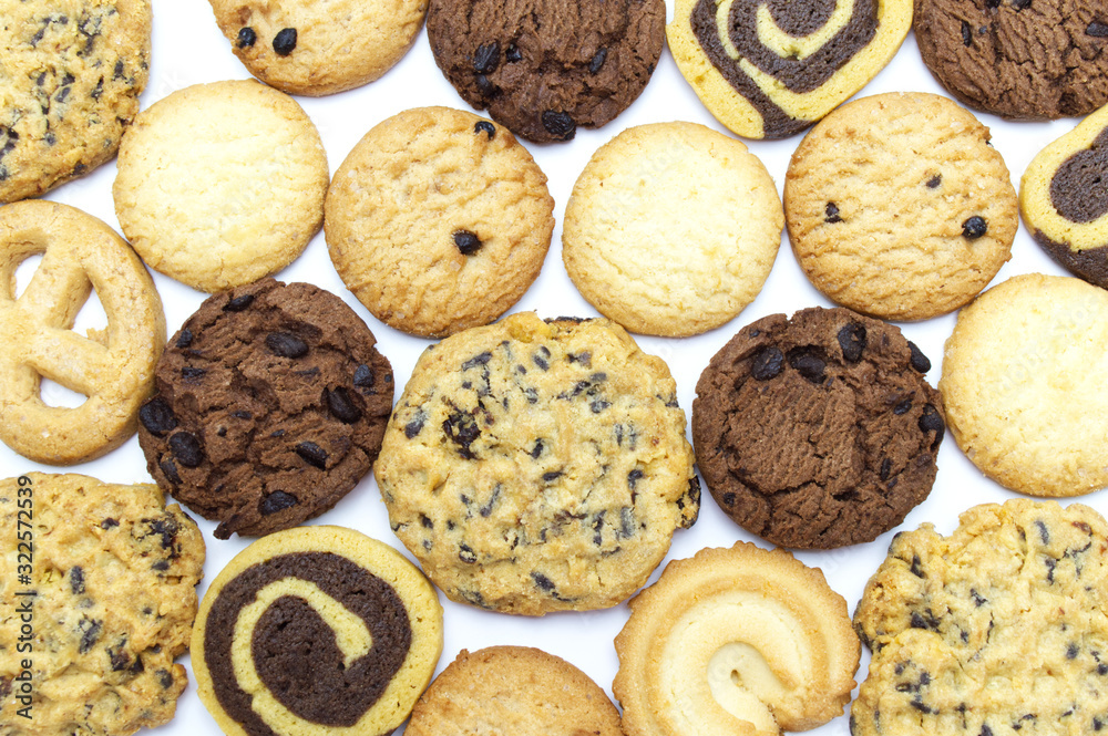 A group of assorted cookies. Chocolate chip, oatmeal, raisin, Danish ...