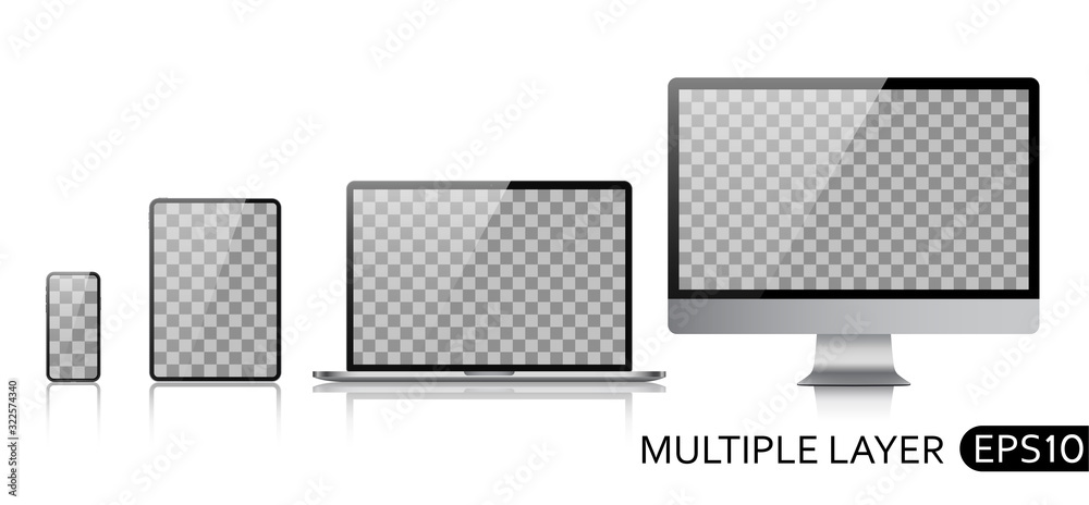 Computer, laptop, tablet, martphone on a white background with a blank ...