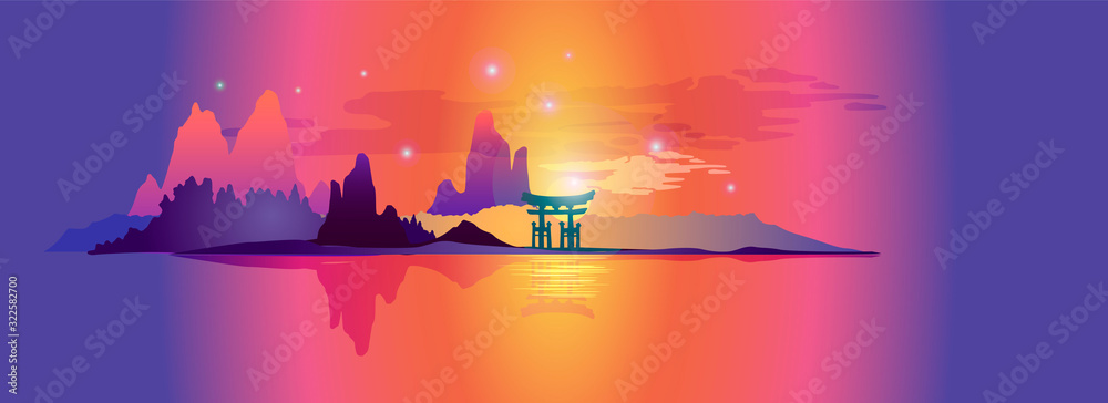 Horizontal Japanese view with rocks, torii, river, stars, reflections ...