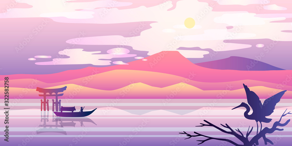 Horizontal Japanese panorama with mountains, hills, torii, river, boat ...