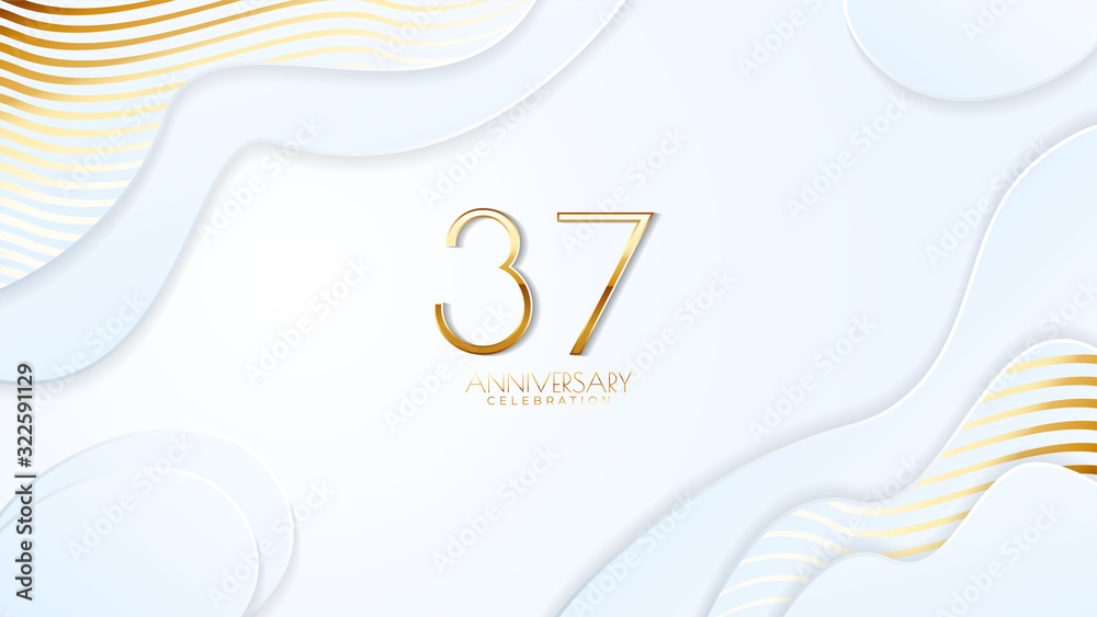 37th anniversary celebration. Golden number with realistic fluid white ...