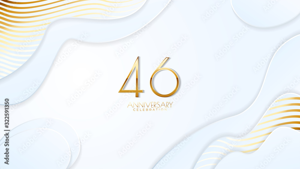46th anniversary celebration. Golden number with realistic fluid white ...