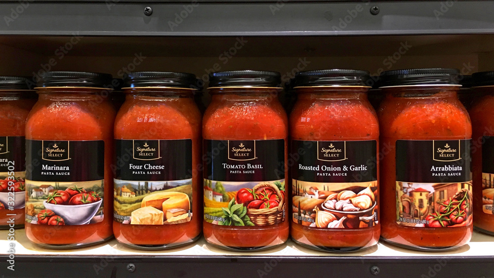 Alameda, CA - August 20, 2017: Grocery store shelf with jars of ...