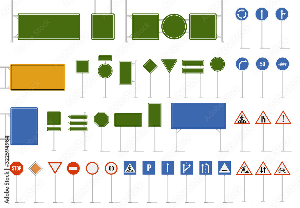 Road street sign. Direction traffic signs, danger warning and direction ...