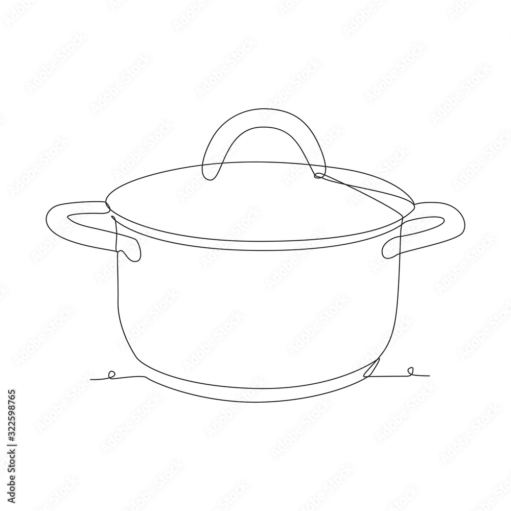 Pan with lid one line drawing on white isolated background. Vector ...