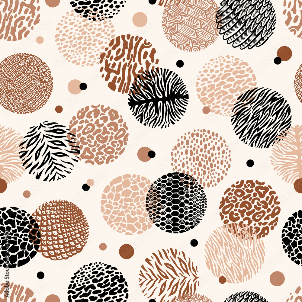 Seamless Vector Pattern with Doodle Wild Animal Print Circles. Wild ...
