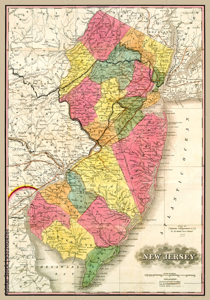 Beautifully detailed restored reproduction of a 1847 map of New Jersey ...
