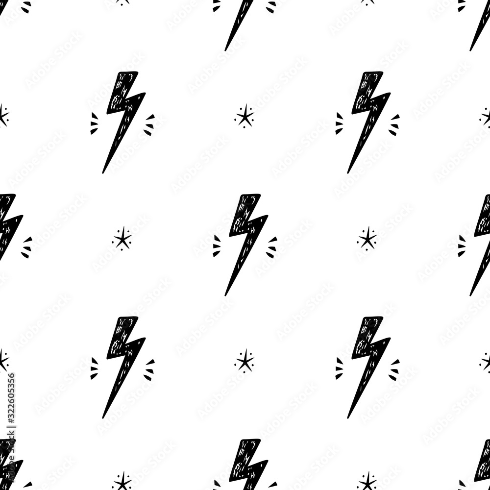 Lightning Bolt Signs with Stars Vector Seamless Pattern. Black and ...