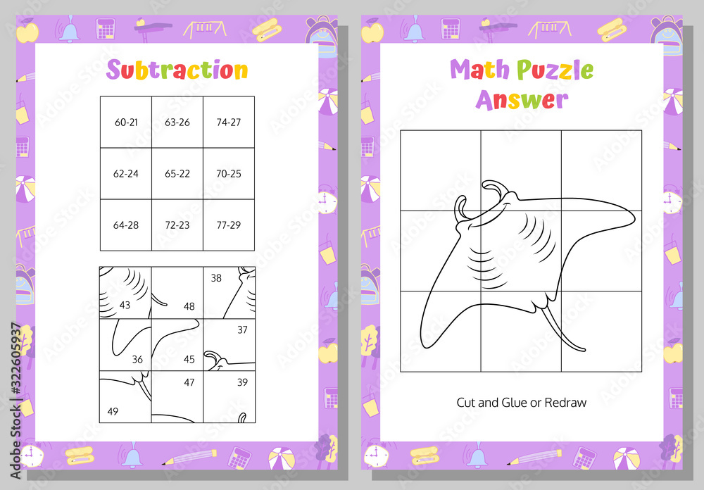 Subtraction Math Puzzle Worksheet. Educational Game. Mathematical Game ...