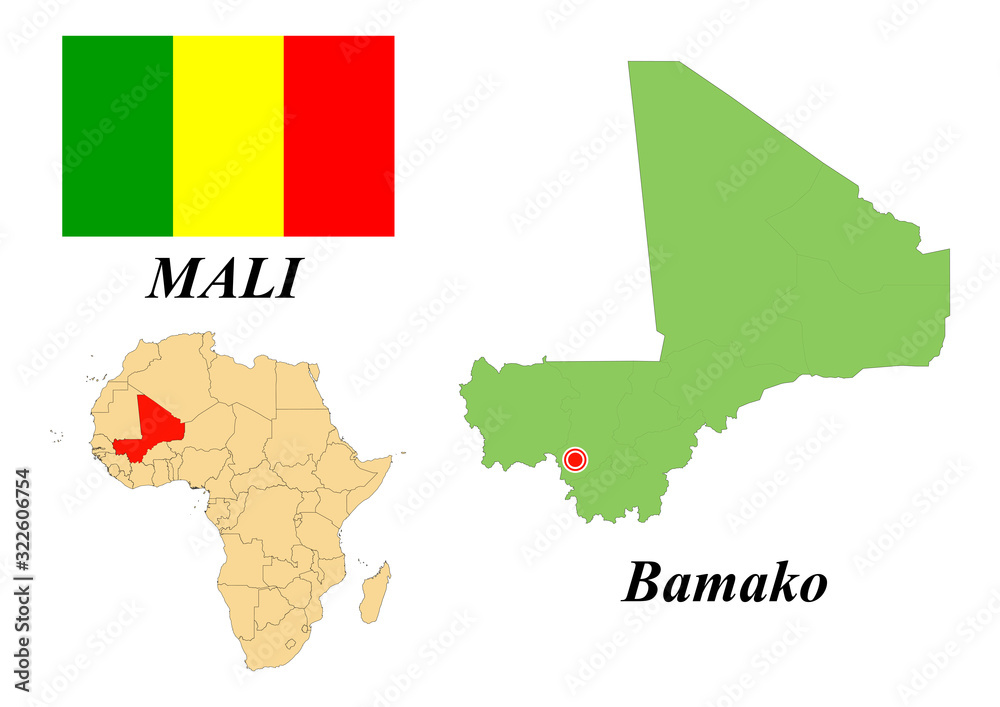 Republic of Mali. Capital of Bamako. Flag of Mali. Map of the continent ...