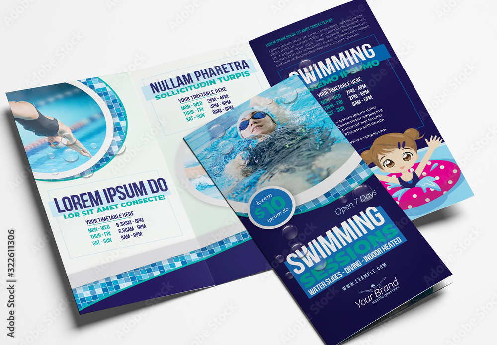 Trifold Brochure Layout for Swimming Lessons Stock Template | Adobe Stock