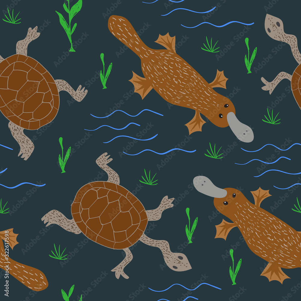 Seamless pattern of cartoon snake-necked turtles and platypus ...