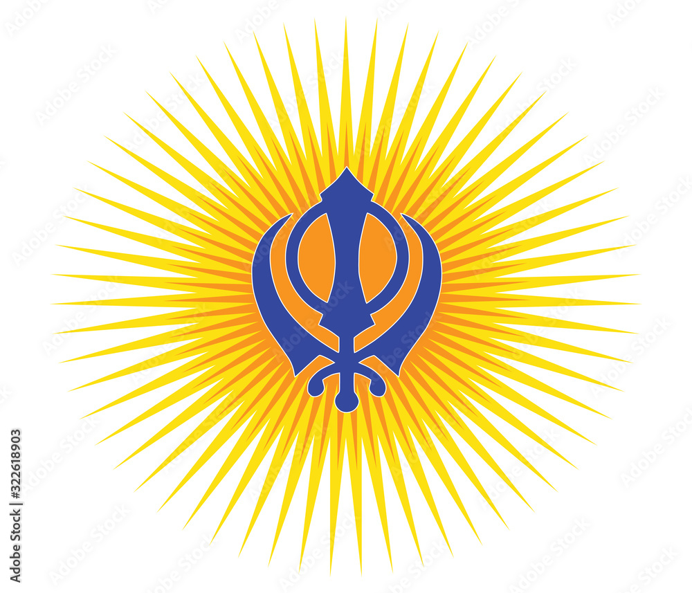 The main symbol of Sikhism – sign Khanda. Red and gold gradient rays ...