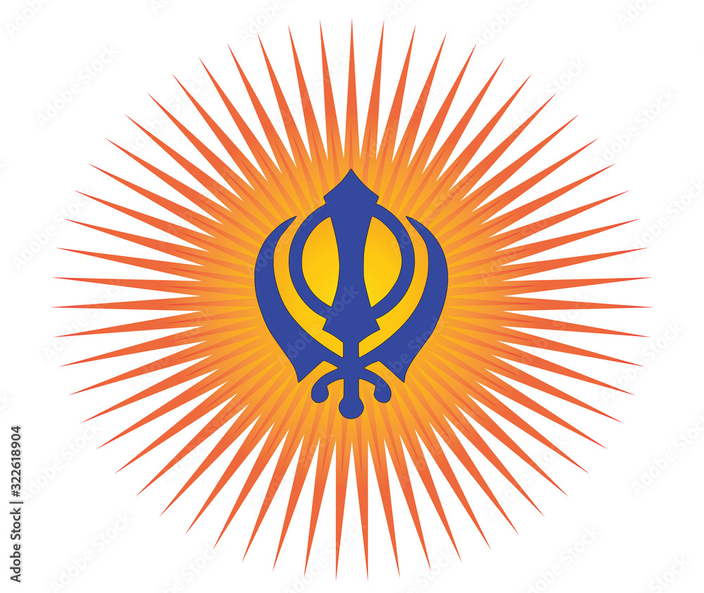 The main symbol of Sikhism – sign Khanda. Red and gold gradient rays ...