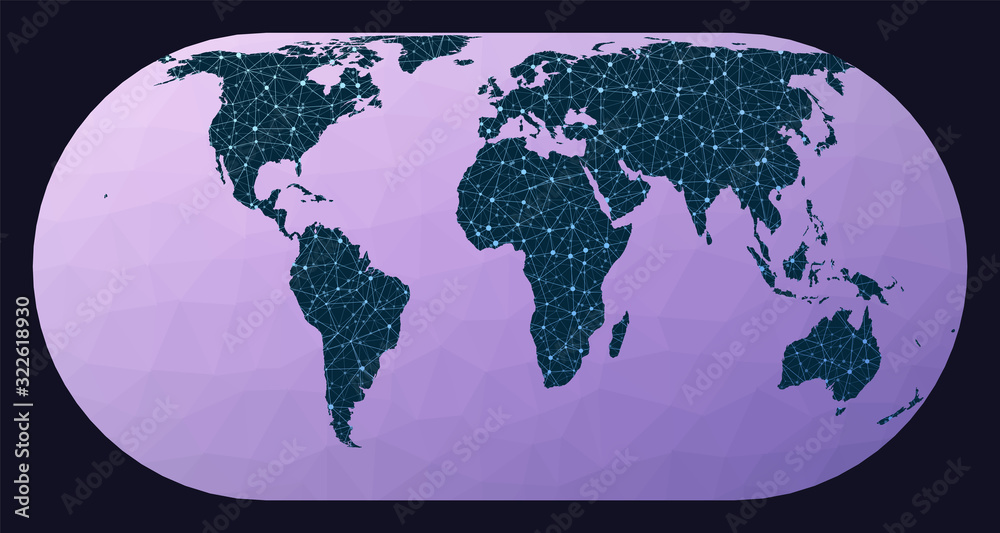 World map graph. Eckert IV projection. World network map. Wired globe ...