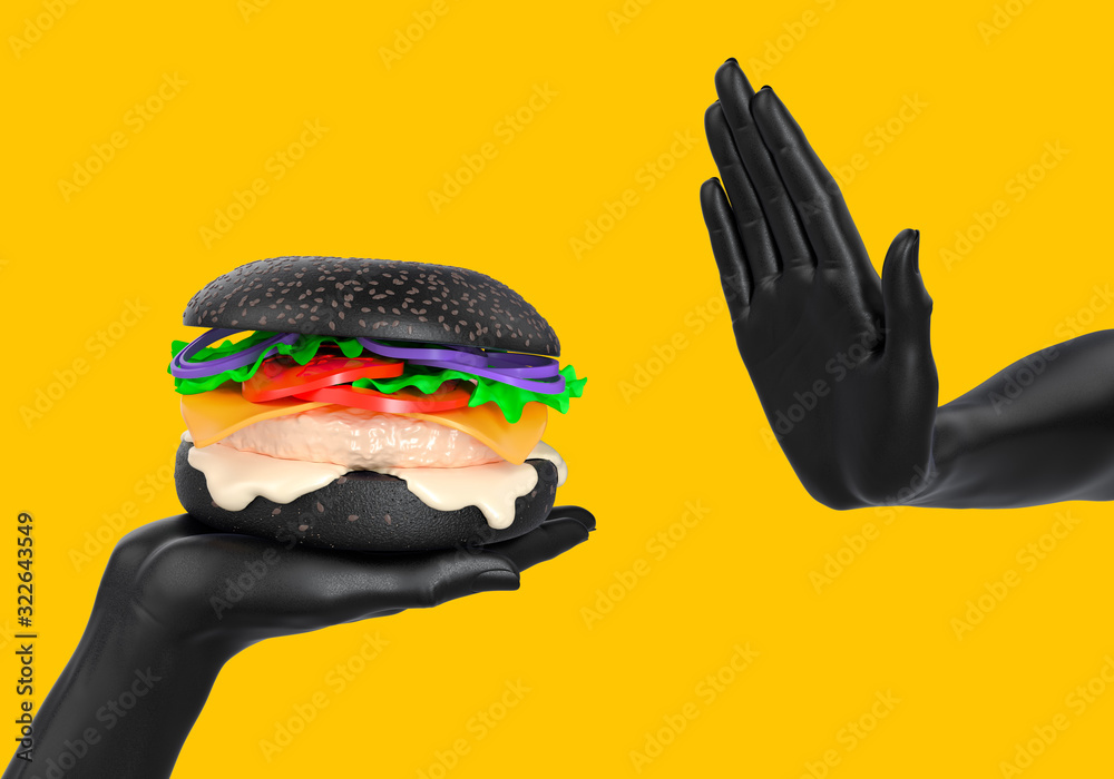 Stop eating hands gesture Junk food concept. hamburger abstract ...