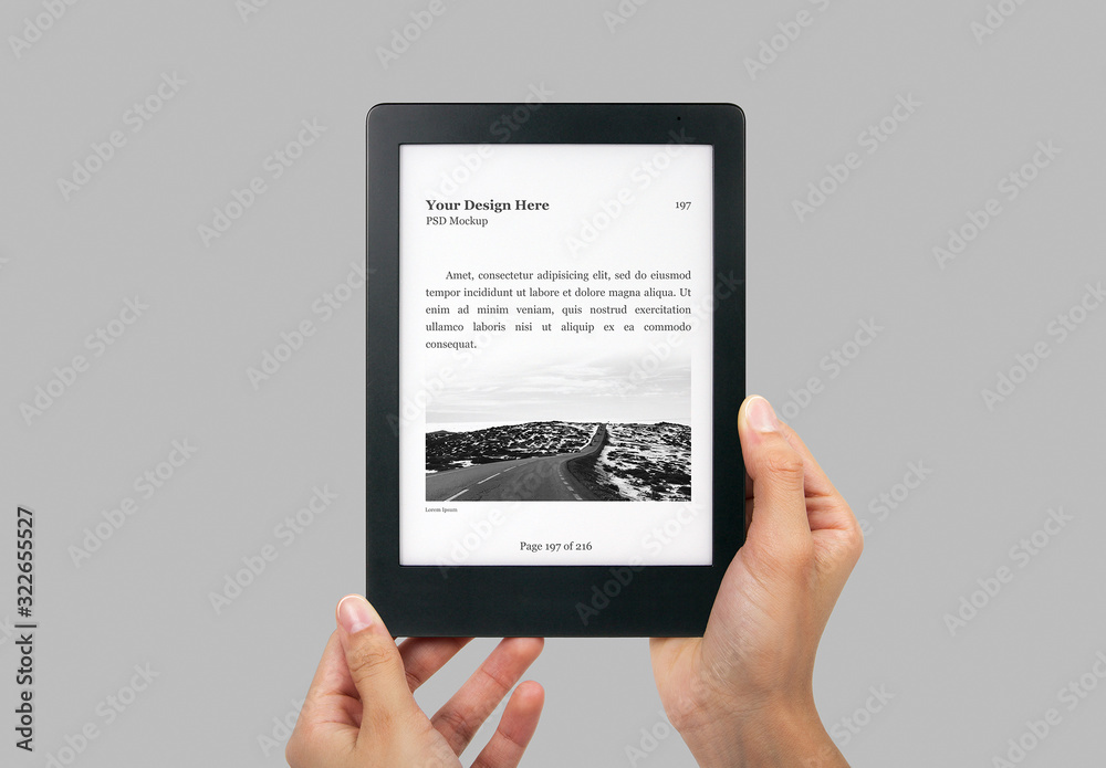 Hands Holding E-Reader with E-Reader in the Background Mockup Stock ...