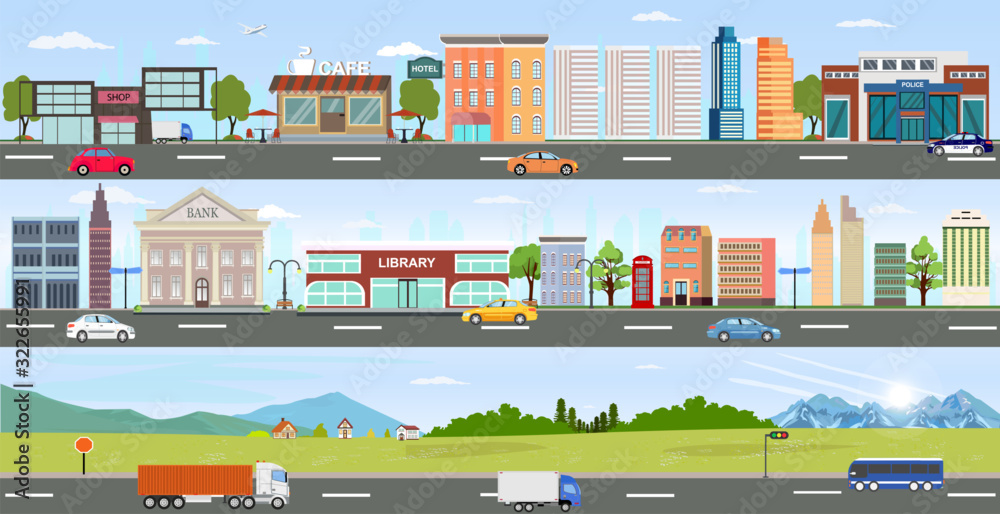 Vector of urban landscape with modern buildings and suburb background ...
