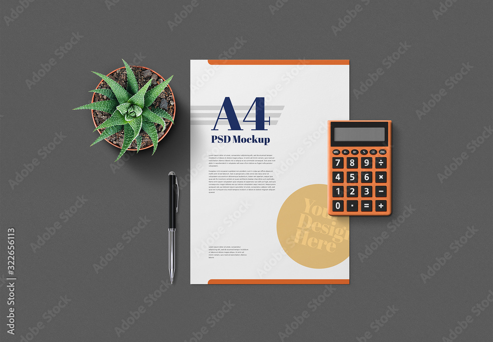 Stationery with Calculator, Plant, and Pen Mockup Stock Template ...