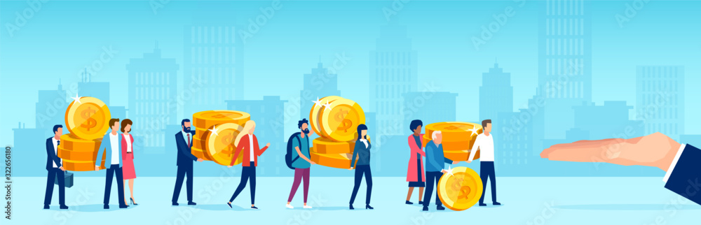 Vector of people caring giving away coins money to a big business man ...