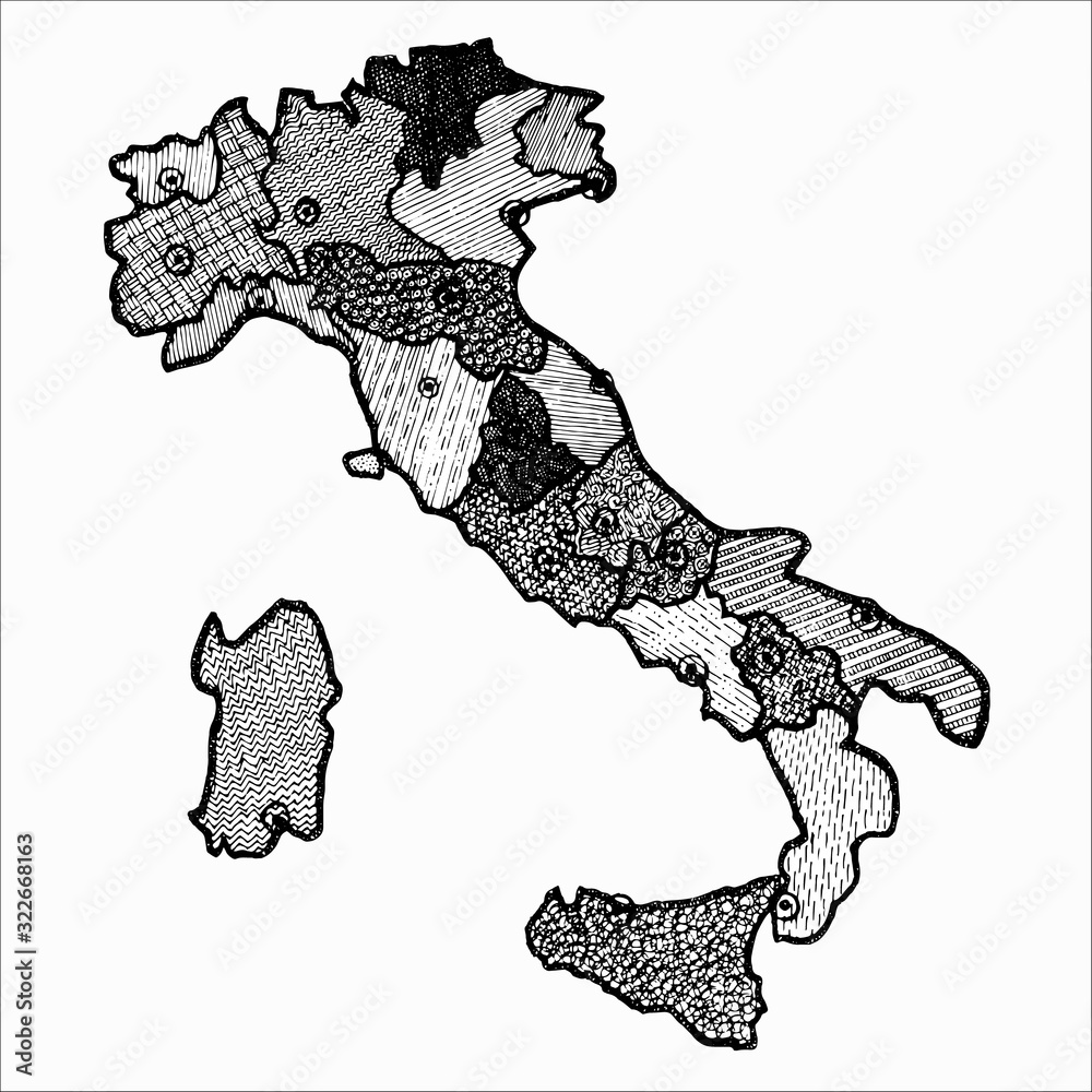 Map of Italy bright graphic illustration. Handmade drawing with map ...