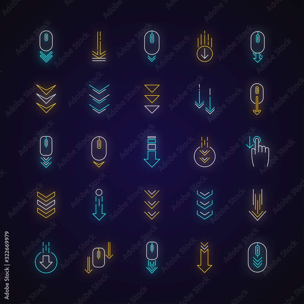 Scroll down neon light icons set. Internet page browsing and download ...