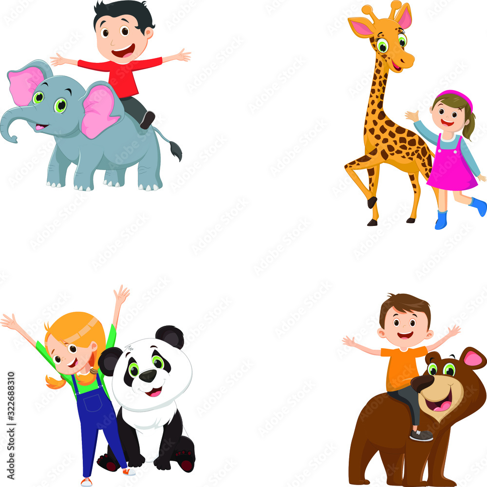 happy kids Playing With zoo Animals Stock Vector | Adobe Stock