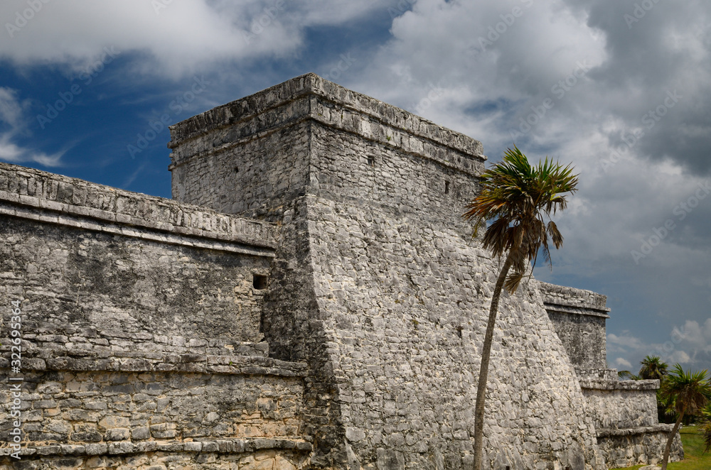 Wall of the Castle pyramid with Palm tree facing the sea at Tulum ...