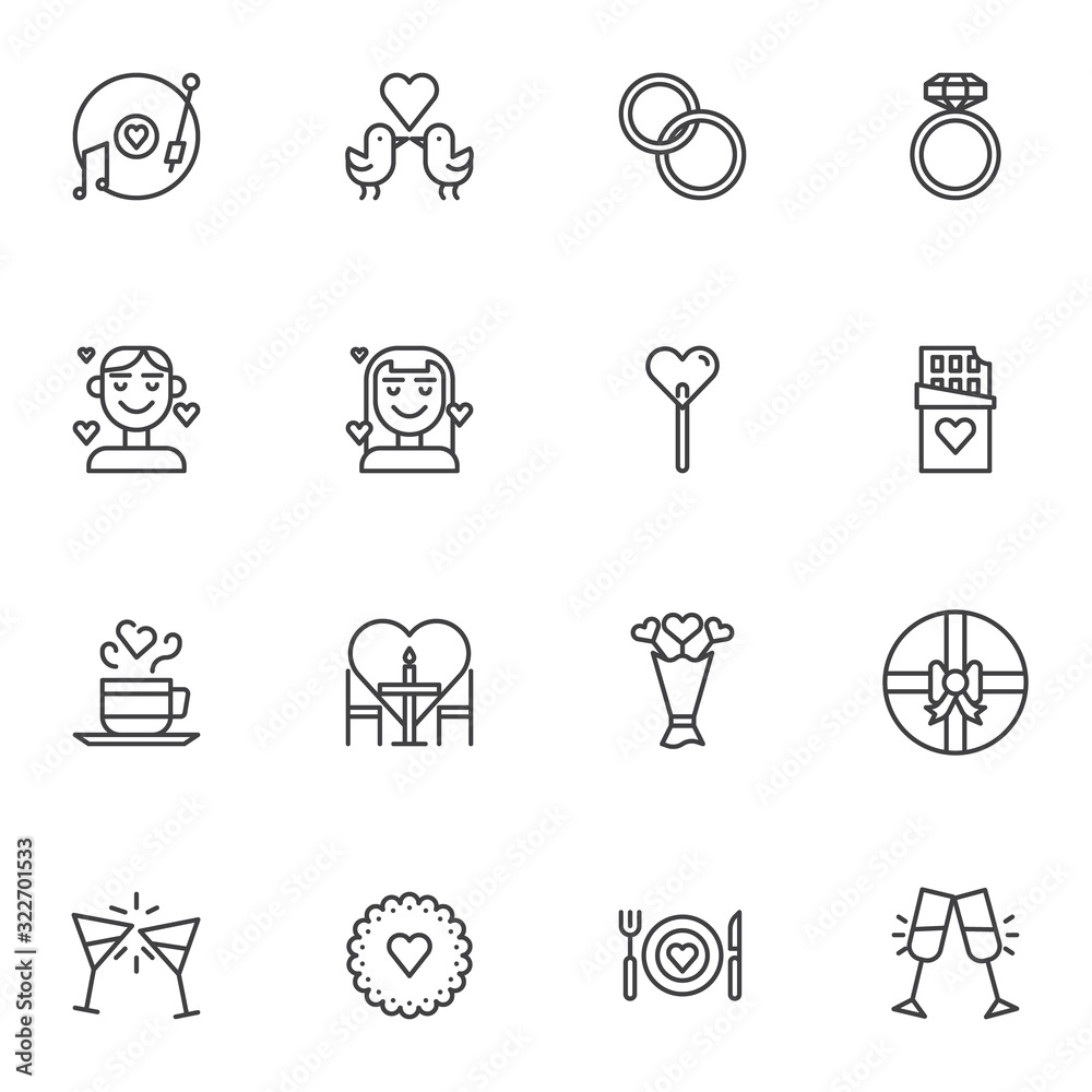 Wedding love line icons set. linear style symbols collection ...