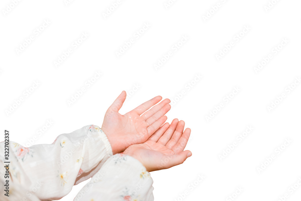 Close up kid hand praying and worship to GOD on white background.Child ...