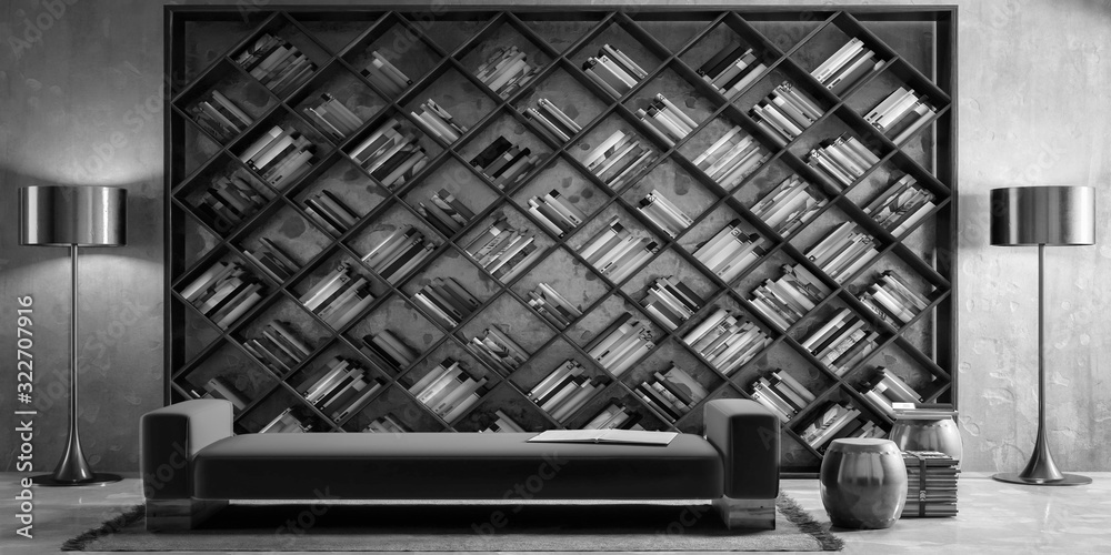 Modern Bookshelf Presentation - panoramic 3d visualization in black and ...