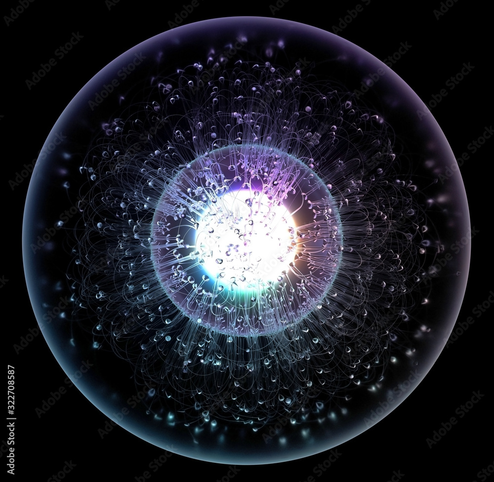 3d render of abstract glass sphere with glowing core inside in neon ...