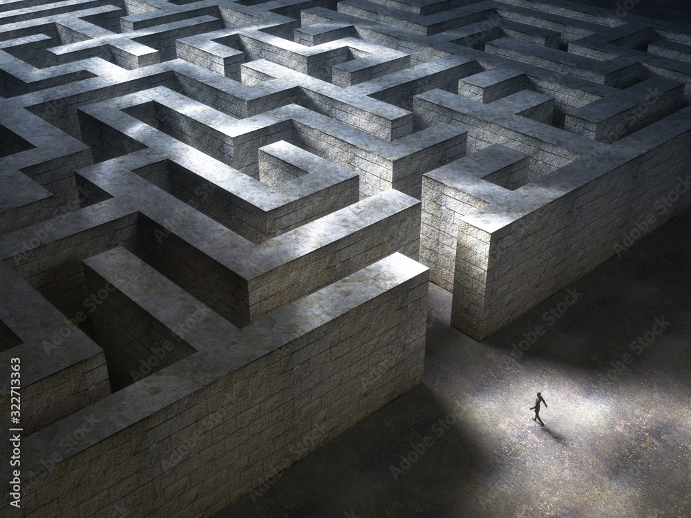 Man entering a huge mysterious maze. 3D Rendering Stock Illustration ...