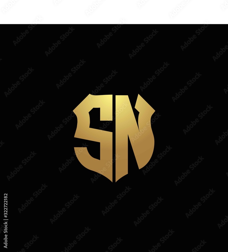 SN logo monogram with gold colors and shield shape design template ...