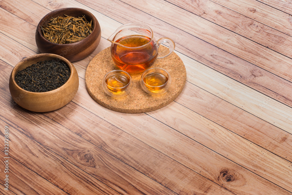 Chinese red tea with tea set on cork stand. Top view Stock Photo ...
