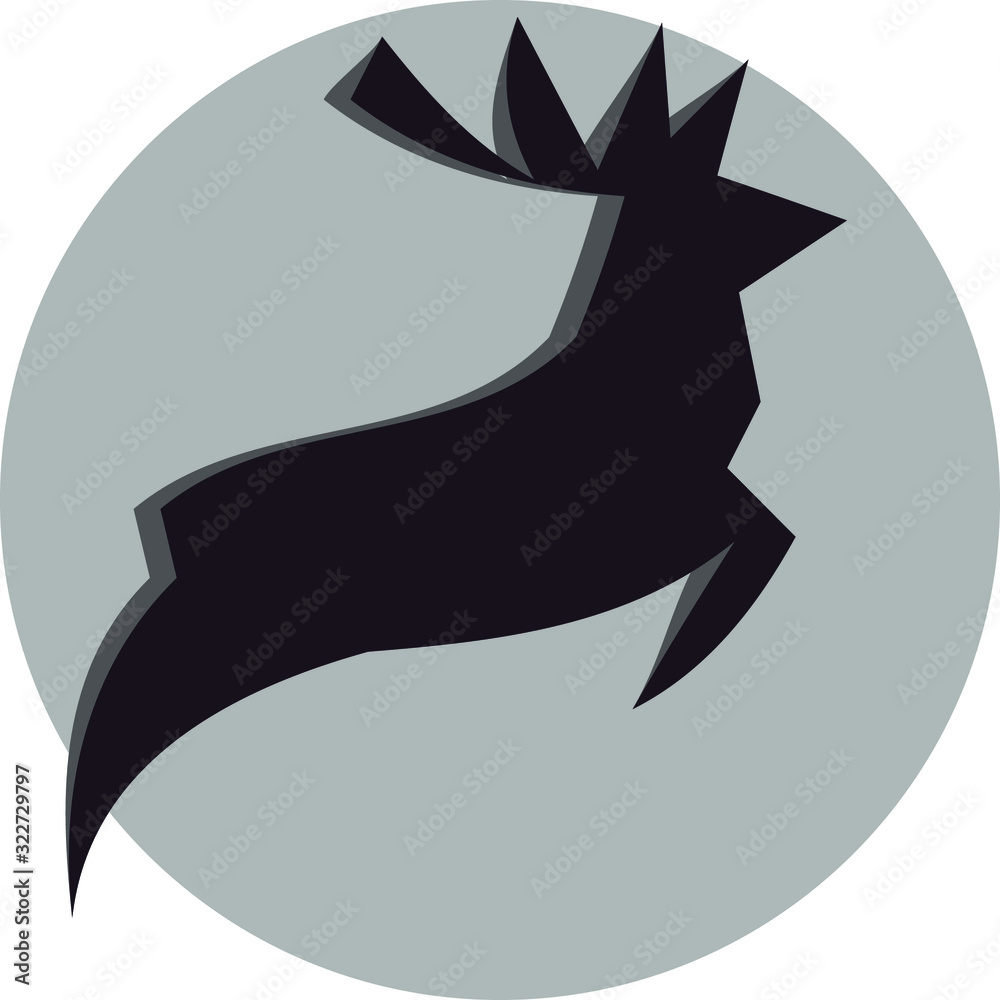 Round deer logo. Black deer silhouette with shadow isolated on white ...