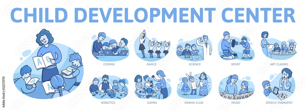 Child Development Center activities set. Art school, child development ...