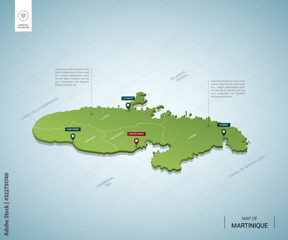 Vetor de Stylized map of Martinique. Isometric 3D green map with cities ...