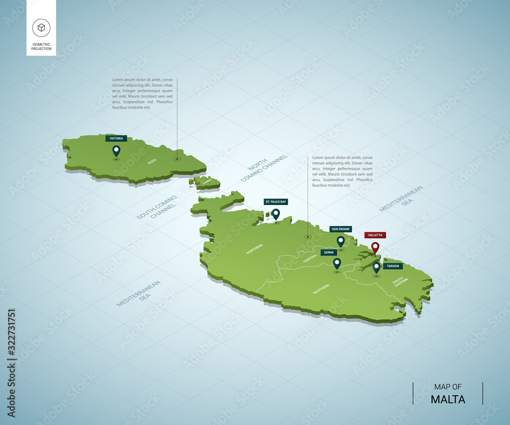 Stylized map of Malta. Isometric 3D green map with cities, borders ...