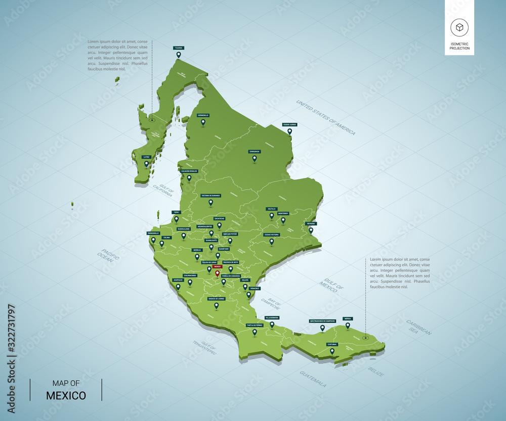 Stylized map of Mexico. Isometric 3D green map with cities, borders ...