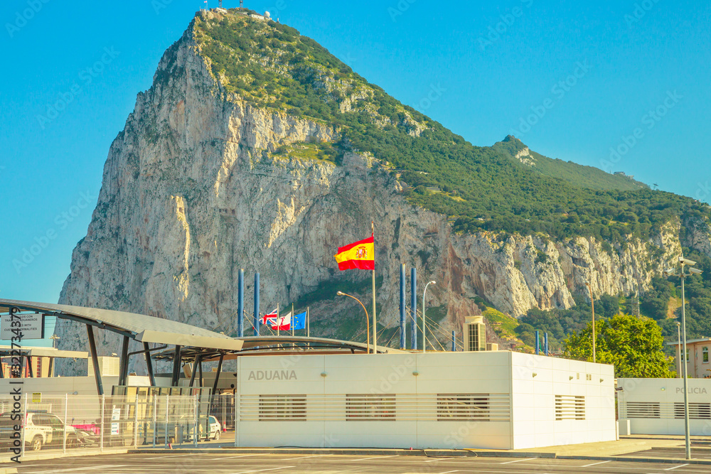 Gibraltar, United Kingdom - April 24, 2016: Gibraltar border, between ...