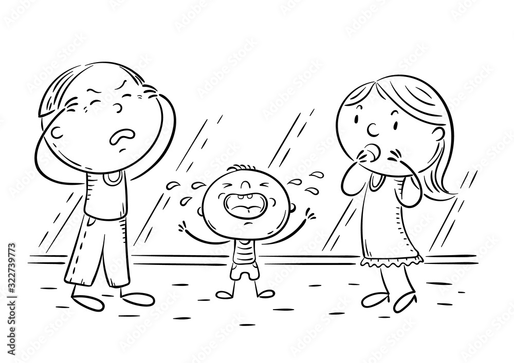 Kid is crying and parents in panic, black and white illustration Stock ...